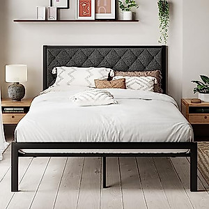 MUTICOR Stylish Queen Size Bed Frame with Tufted Headboard, Soft Padded Design，Sturdy Metal Slats, 11.8" Under Bed Storage,No Box Spring Needed, Easy Assembly,Dark Grey
