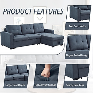 DS-HOMEPORT 80" Pull Out Convertible Sofa Bed Couch for Living Room, L Shaped Sectional Sleeper Sofa with Storage Chaise, Linen Reversible Upholstered Sofa Bed for Small Space(Queen,Grey)