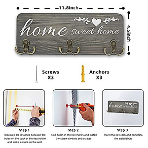 AOUCKSX Key Holder for Wall Rustic Grey Key Hanger with Sturdy 3 Double Metal Hooks Wood Key Hooks 11 * 4.5 inch Keys Organizer Sweet Home Key Ring Holder for Home Entryway Decor.
