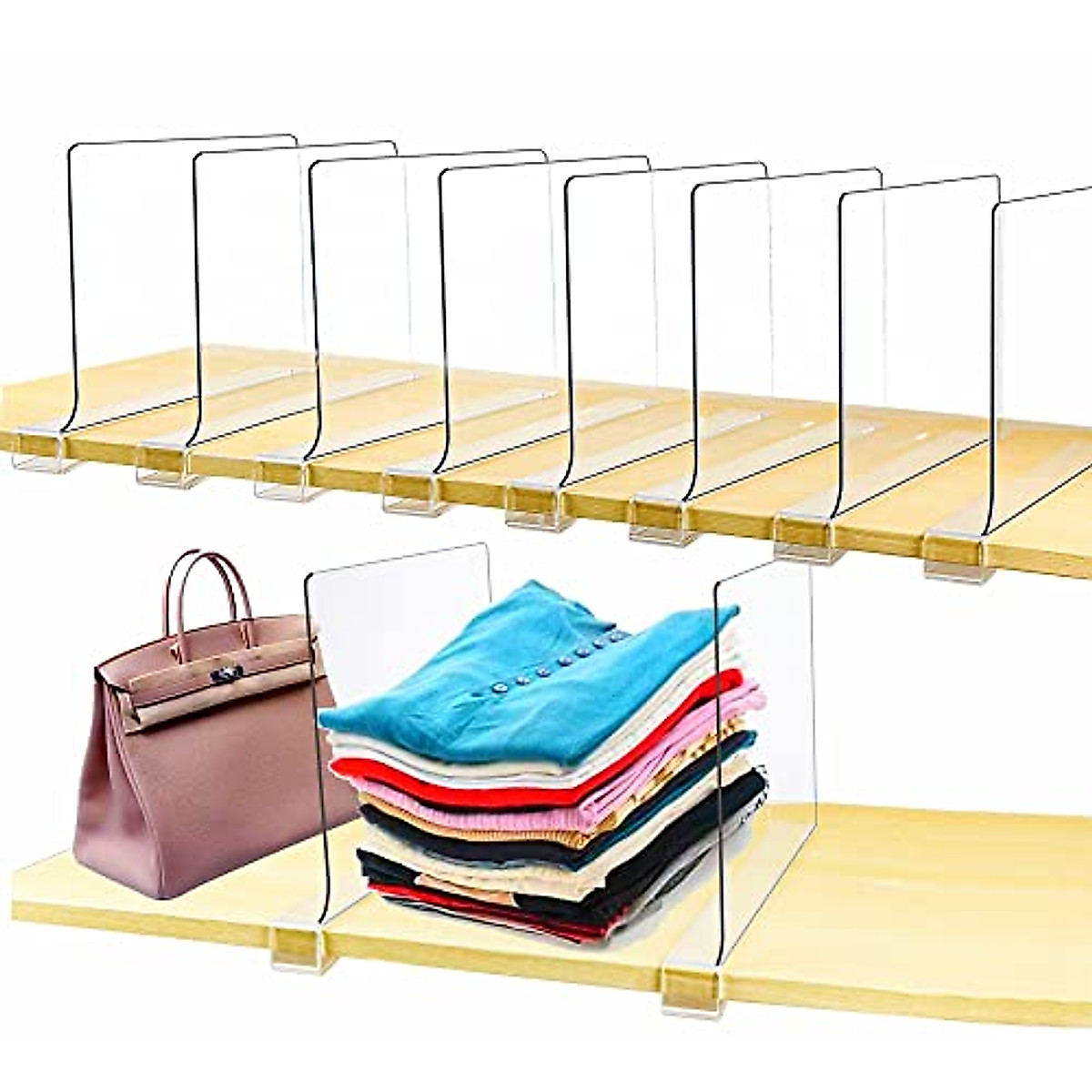 KIKILIE 8 Pack Clear Shelf Dividers, Transparent Closet Organizer, Acrylic Dividers for Purse,Handbags,Clothes,Sweaters - No Tool Required Organization Locker Wardrobe Shelves Organizers