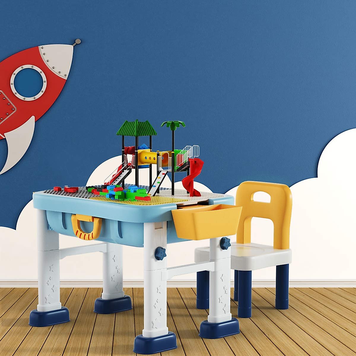 HONEY JOY 6-in-1 Kids Activity Table, Large & Small Size Blocks Compatible w/Classic Blocks, Adjustable Height, Water Table & Sand Table & Dry Erase Easel w/Marker, Kids Play Table with Storage
