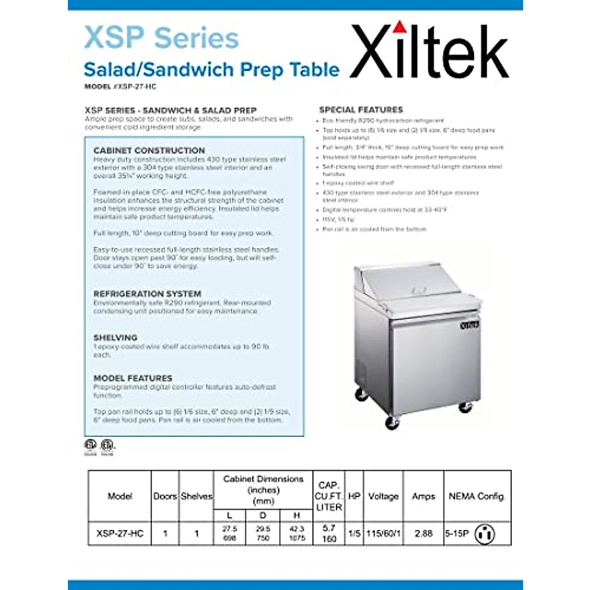Xiltek 27" Commercial Sandwich Salad Prep Table Refrigerator Cooler With 8 Pans Included