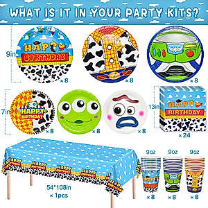 Toy Game Party Birthday Decorations, Toy Birthday Party Favors Supplies 97 Pcs Including Disposable Dinnerware Set Including Tablecloth, Paper Plates, Cups, Napkin, Serves 24 Guest