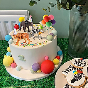 Safari Animal Cake Toppers with Mini Birthday Party Hat Color Balls Cake Decorations for Jungle Wild Themed Baby Shower Birthday Party Supplies