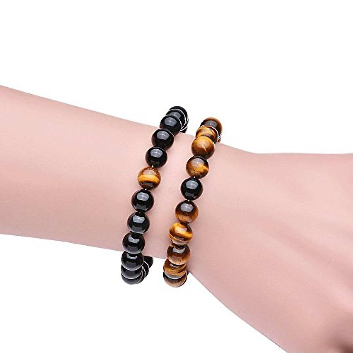 Wanmei 8mm Black Matte Agate & Tiger Eye Healing Energy Stone Beads Distance Bracelets For Couples(2 pcs)