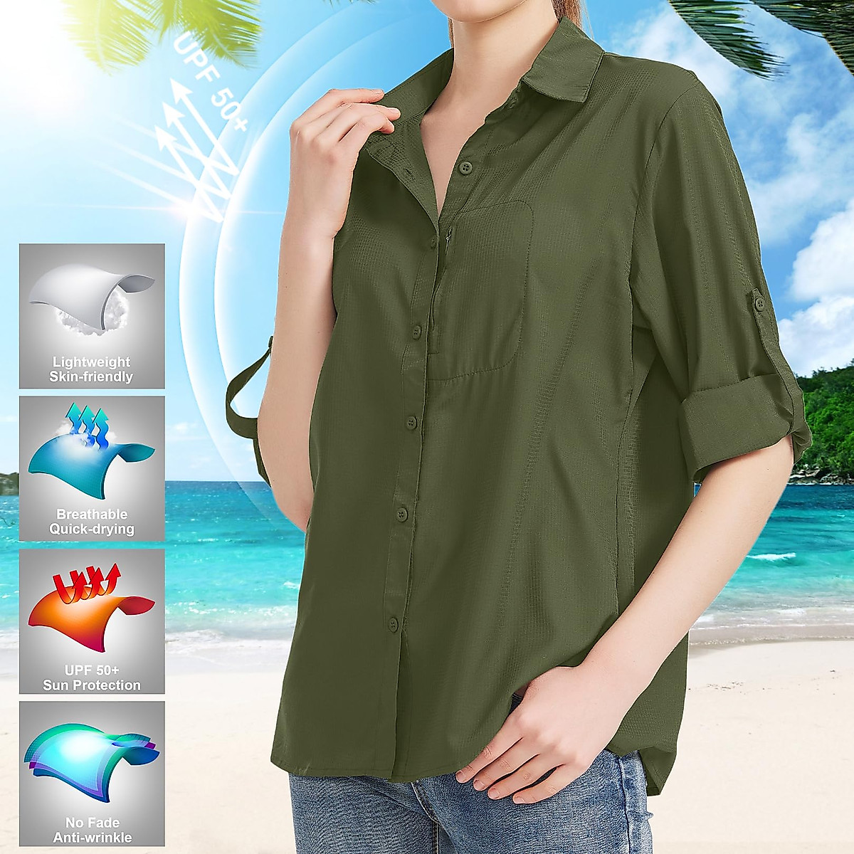 Women's UPF 50 Long Sleeve Sun Protection Shirts Quick Dry Outdoor Fishing Hiking Travel Shirt (5019 Olive green, Small)