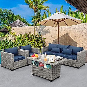 Rattaner 4 Pcs Outdoor Furniture Sets Patio Furniture Set Patio Couch Outdoor Chairs Storage Table with Anti-Slip Cushions and Waterproof Covers, Navy Blue