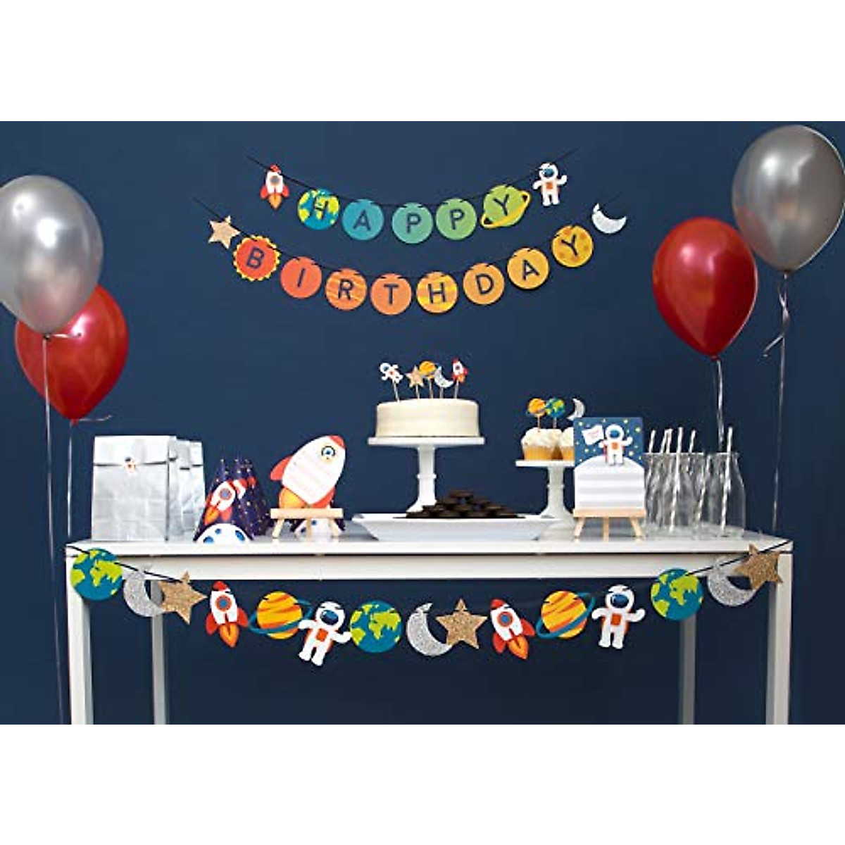 Trip to The Moon - Garland | Birthday, Baby Shower Decorations | Outer Space Party | Boys Room Decor | Space, Rocket, Planets, Stars | Out of This World Party Bunting