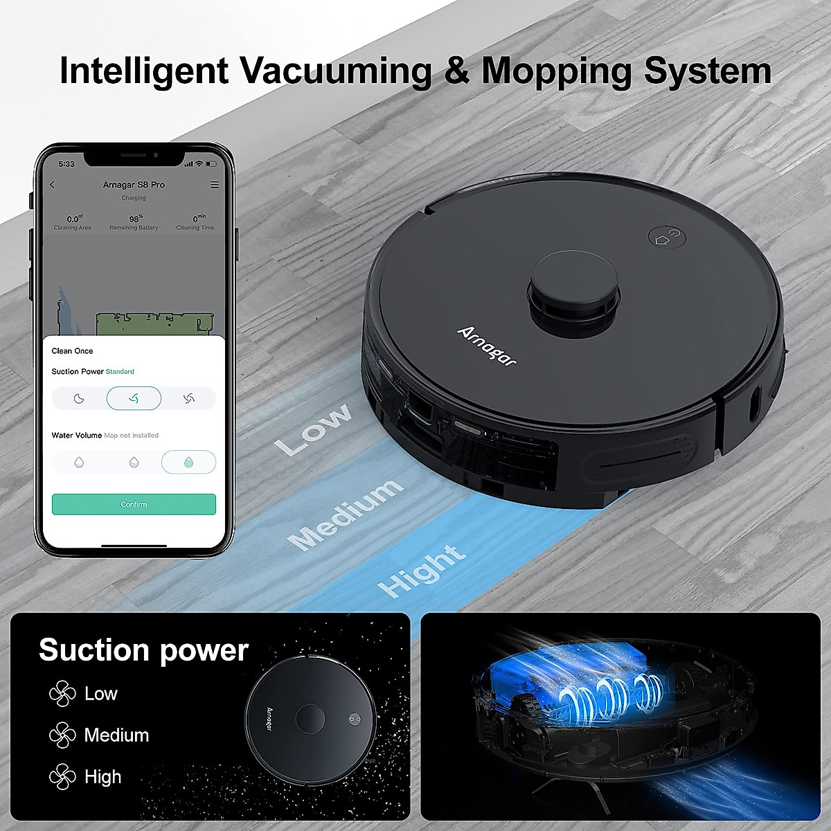 Arnagar Robot Vacuum, 2022 Newest Robot Vacuum and Mop Combo, Strong Suction, 220 Mins Runtime, Compatible with Alexa, Ideal for Pet Hair (S8-pro)