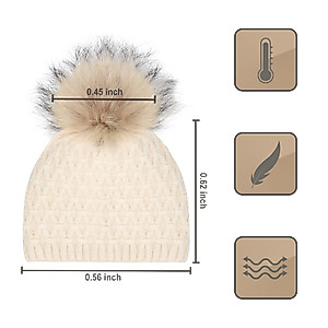 FXBSQF Women Double Cashmere Beanie,Pom Pom Beanie,Real Raccoon Bobble Beanie,Winter Warm Knitted Leisure Ski Cap,Detachable (White)