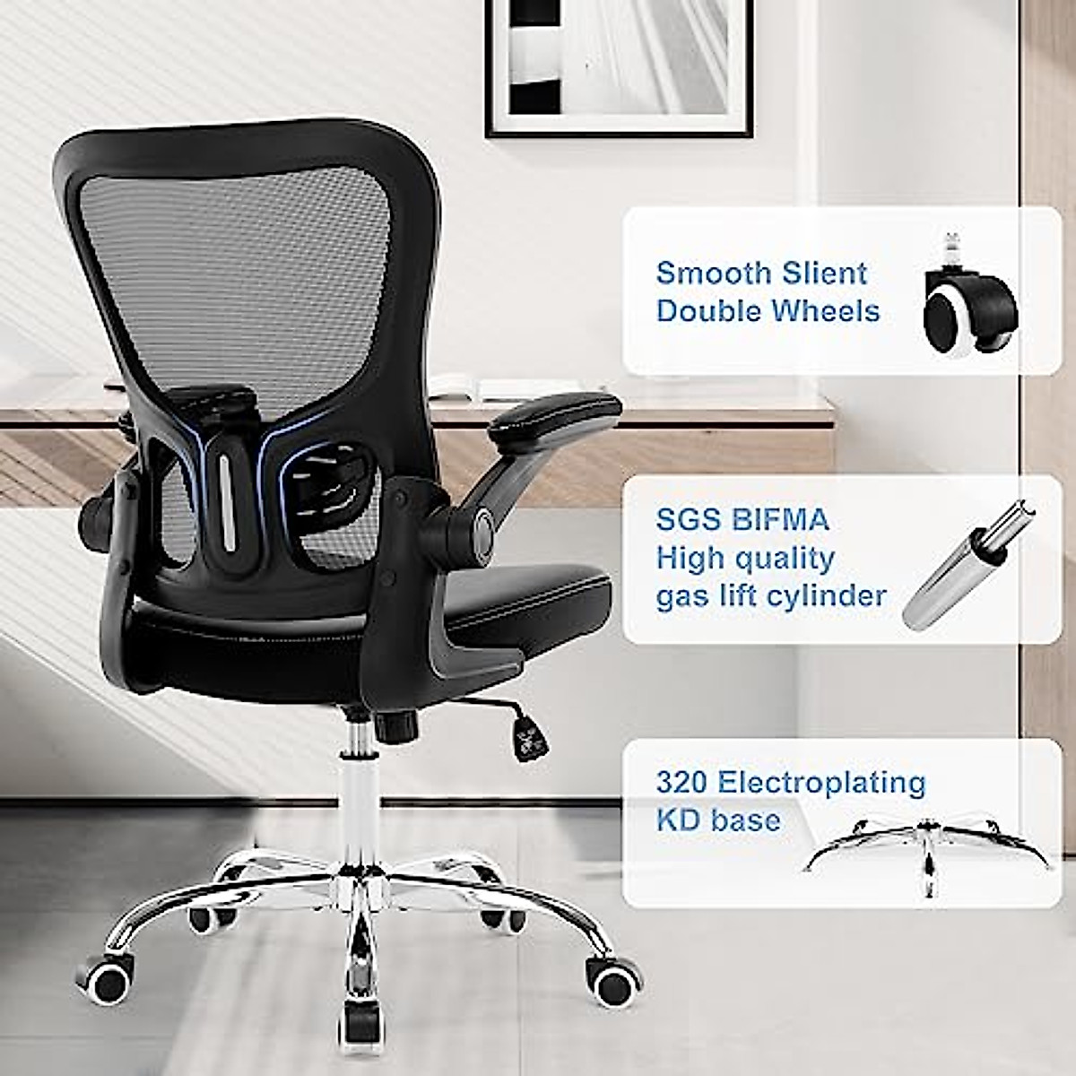 X XISHE Office Chair Ergonomic Desk Chair,Mesh Computer Chair,Home Office Desk Chairs,Executive Task Chair,Adjustable Height PU Leather Flip-up Armests Swivel Rolling Wheels Comfortable Chair,Black