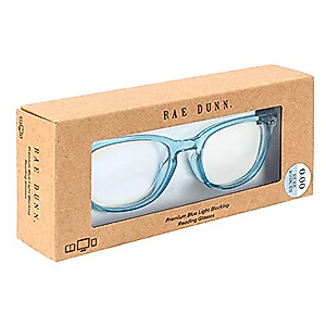 Rae Dunn "JUDY Blue Light Blocking Reading Glasses w/READ MORE Signature Font Microfiber Case (Crystal Dusty Blue, 2.0)