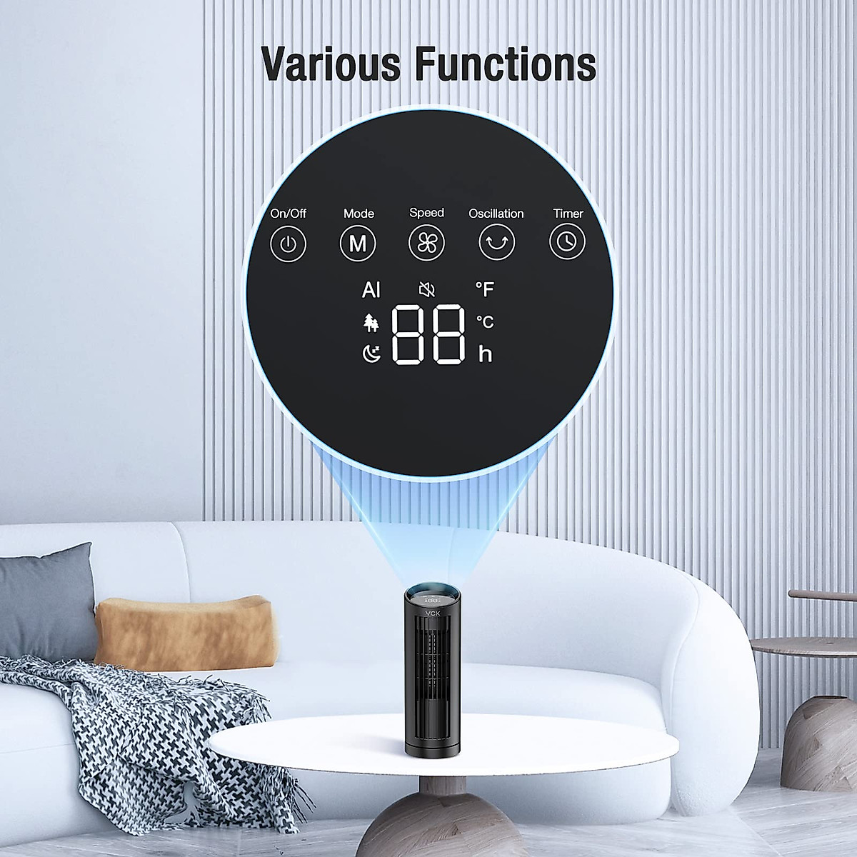 VCK Personal Table Fan, Tower Fan Oscillating Fan, LED Display with Touch, 13'' Remoter Small Desk Fan, Standing Fans, Bladeless Fan, 3 Speeds, 12h Timer, 4 Modes for Home Office Desktop Bedroom