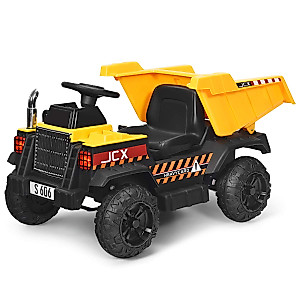 Costzon Ride on Car, 12V Ride on Dump Truck w/Remote Control, Electric Dump Bed, Music, Horn, USB, AUX, Treaded Tires, Shovel, 3 Speeds, Battery Powered Construction Vehicle, Electric Car for Kids