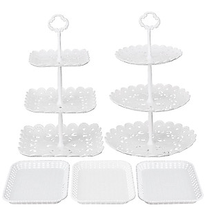 Set of 5 Dessert Stand Set, 3 Tiers White Plastic Cupcake Stand Holder & Rectangle Plastic Party Serving Trays/Platters for Wedding Birthday Baby Shower Tea Party Buffet (Rectangular)