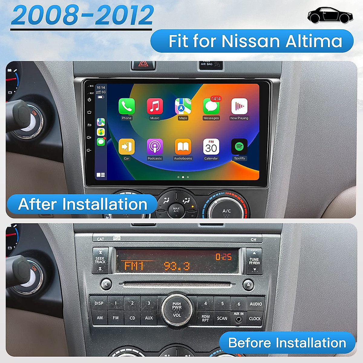 for Nissan Altima 2008 2009 2010 2011 2012 Android Radio Stereo: 9 Inch Touch Screen Replacement-CarPlay Android Auto Bluetooth 5G WiFi GPS FM DSP SWC 1080P Backup Camera Mirror Link (Manual AC)