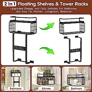 herehomi Floating Shelves for Wall, 2 in 1 Floating Shelves with Towel Racks for Bathroom, Bathroom Shelf Wall Shelf Towel Rack, Bathroom Towel Holder Bathroom Shelf Organizer Wall Mounted, Black