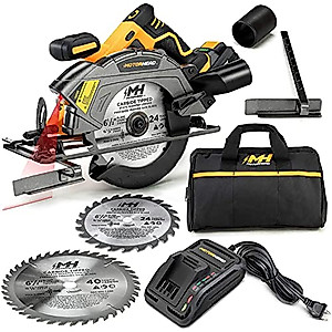 MOTORHEAD 20V ULTRA 6-1/2 inch Cordless Circular Saw, Lithium-Ion, Laser Guide, LED, Rip Fence, 0-50 Bevel, 2Ah Battery & Quick Charger, Bag, 2 Blades Included, 24T, 40T, USA-Based