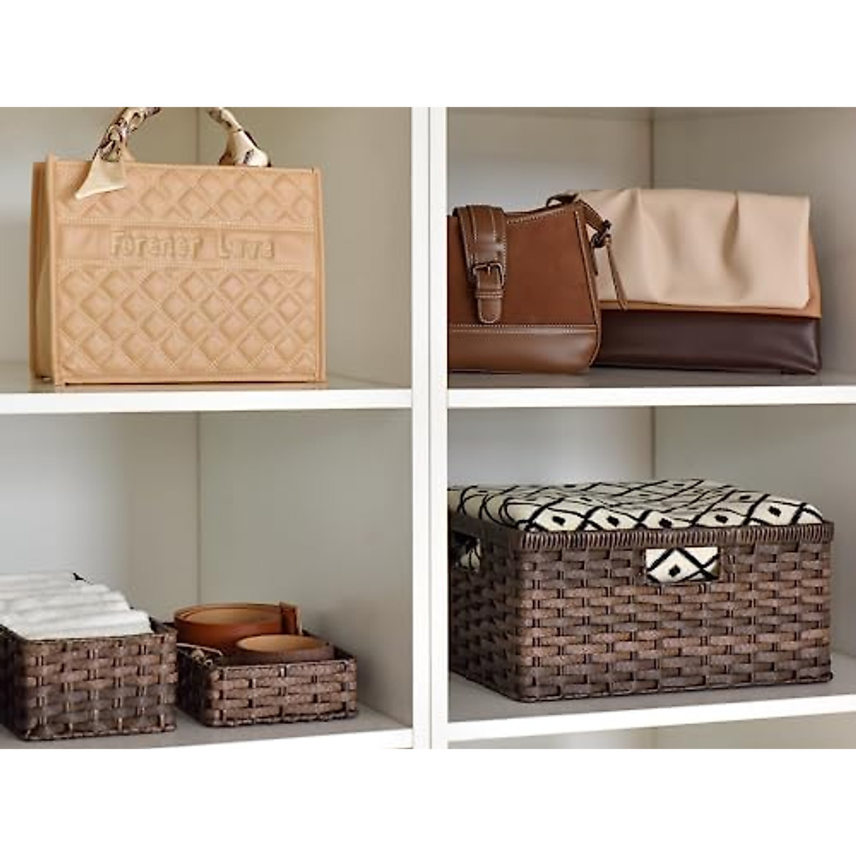 Labcosi Large Wicker Basket, Plastic Wicker Storage Basket, Wicker Storage Basket for Bathroom, Plastic Storage Bin with Built-in Handles, Brown, 15 "L x 11 "W x 6.75 "H, 1 Pack