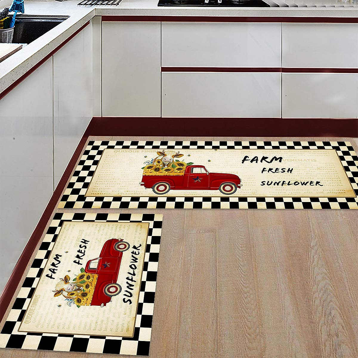 2 Piece Farm Style Kitchen Mats Set 15.7x23.6inch+15.7x47.2inch, Anti-Fatigue Non-Slip Chef Mat Kitchen Rug Cushioned Floor Rugs, Red Truck Carrying Cow and Sunflowers White Black Lattice