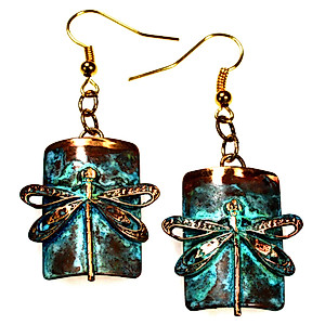 Elaine Coyne Verdigris Patina Solid Brass Dragonfly on Rectangle Dangle Earrings