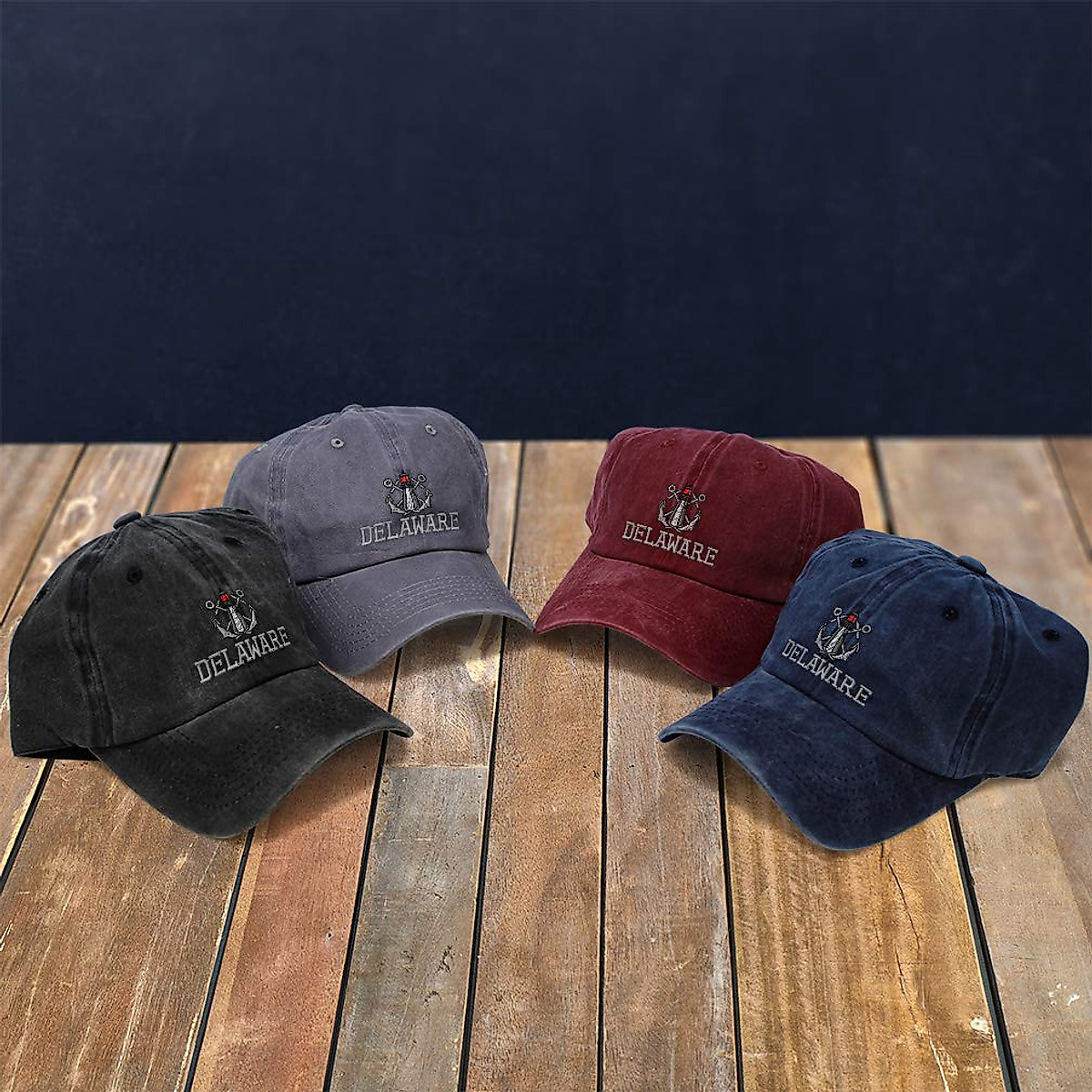 Vintage Washed Hat Anchor & Light House Delaware Embroidery Cotton Dad Hats for Men & Women Buckle Closure Grey