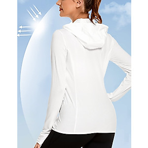 COOrun Women's UPF 50+ Sun Protection Hoodie Jacket Lightweight Full Zip Running Jacket Athletic Jacket with Thumb Holes White XL