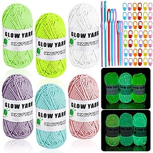6 Rolls Glow in The Dark Yarn for Crochet DIY Glow Yarn Luminous Knitting Crochet Yarn Kit with 6 Weaving Needles 20 Locking Knitting Markers 2 Crochet Hooks for Arts Crafts (Mixed Colors,Polyester)