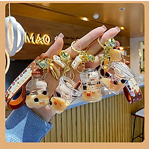 HSYHERE Men Women Creative Interesting Floating Milk Tea Brown Bear Lucky Bottle Keychain Keyrings, Bubble Moving Liquid Sand Car Chain Key Ring Bag Pendant Key Holder -Water Bottle
