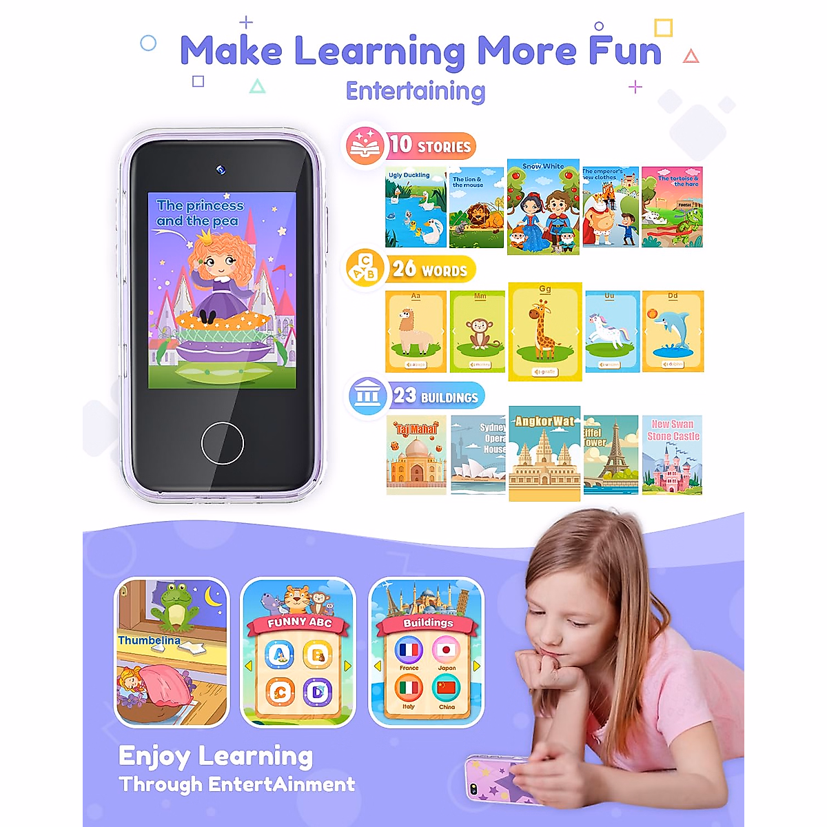 JOYJAM Phone for Kids Age 3-8,Kids Smart Phone for Girls Christmas Birthday Gifts,Toy Phone with Dual Camera Music Player Puzzle Games,Touchscreen Phone Learning Toy for 3 4 5 6 7 8 Year Old Girls