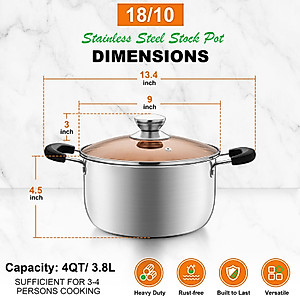 Joyfair 4Qt Stockpot, 18/10 Stainless Steel Stock Pot with Visible Lid, Heavy Duty Cookware For Home Kitchen and Restaurant Cooking Spaghetti/Boiling Soup/Stewing Beef, Rust-free & Dishwasher Safe