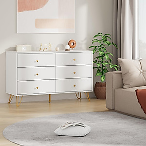CARPETNAL White Dresser for Bedroom, 6 Drawer Dresser with Wide Drawers and Gold Metal Handles, Wood Dressers & Chest of Hallway, Nursery.