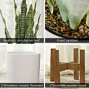 Auelife Artificial Snake Plants 2PCS 41-INCH Fake Snake Plants with Wood Stand Tall Faux Snake Plants (Extra Include 2PCS White Imitation Ceramic Pots) Perfect for Home Garden Office Store Decoration