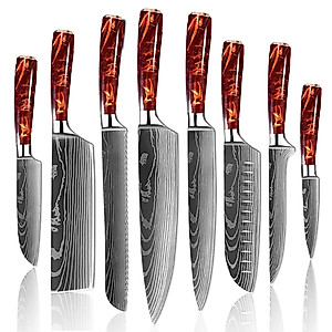 SENKEN 8-piece Japanese Kitchen Knife Set with Red Resin Handle and Laser Damascus Pattern - Crimson Collection - Chef's Knife, Santoku Knife, Paring Knife, & More - Ultra Sharp for Very Fast Cutting