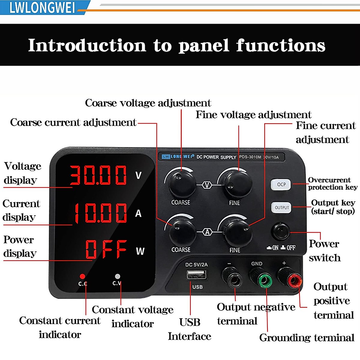 LWLONGWEI DC Power Supply Variable,30V 10A Adjustable Switching Regulated DC Bench Power Supply with 4-Digits LED Power Display 5V/2A USB Output, Coarse and Fine Adjustments Black