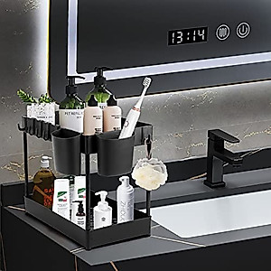 2 Pack Under Sink Organizers and Storage - 2 Tier Bathroom Organizer Under Sink, Multi-purpose Under Kitchen Cabinet Storage, Black Cleaning Supplies Organizer Kitchen Bathroom