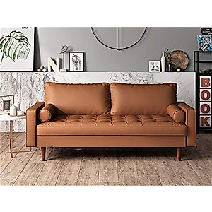 Container Furniture Direct Womble Mid Century Modern Couch with Bolster Pillows, PU Leather Upholstered Tufted Seat, Versatile Retro Design for Comfortable Living Spaces, Sofa, Coffee Brown