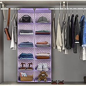 Utureal 6-Shelf Hanging Closet Organizer, Fabric Foldable Clothes Storage Hanging Shelves for Bedroom Kids Nursery Room, Space Saving Sturdy Shelf Unit for Travel Trailer Camping| Polka Dots, Purple