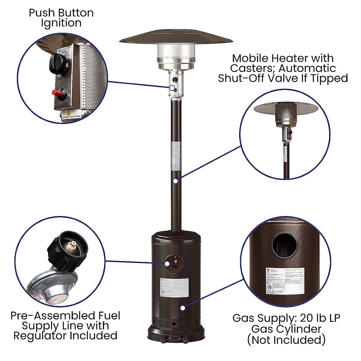 Flash Furniture Sol Patio Outdoor Heating-Bronze Stainless Steel 40,000 BTU Propane Heater with Wheels for Commercial & Residential Use-7.5 Feet Tall