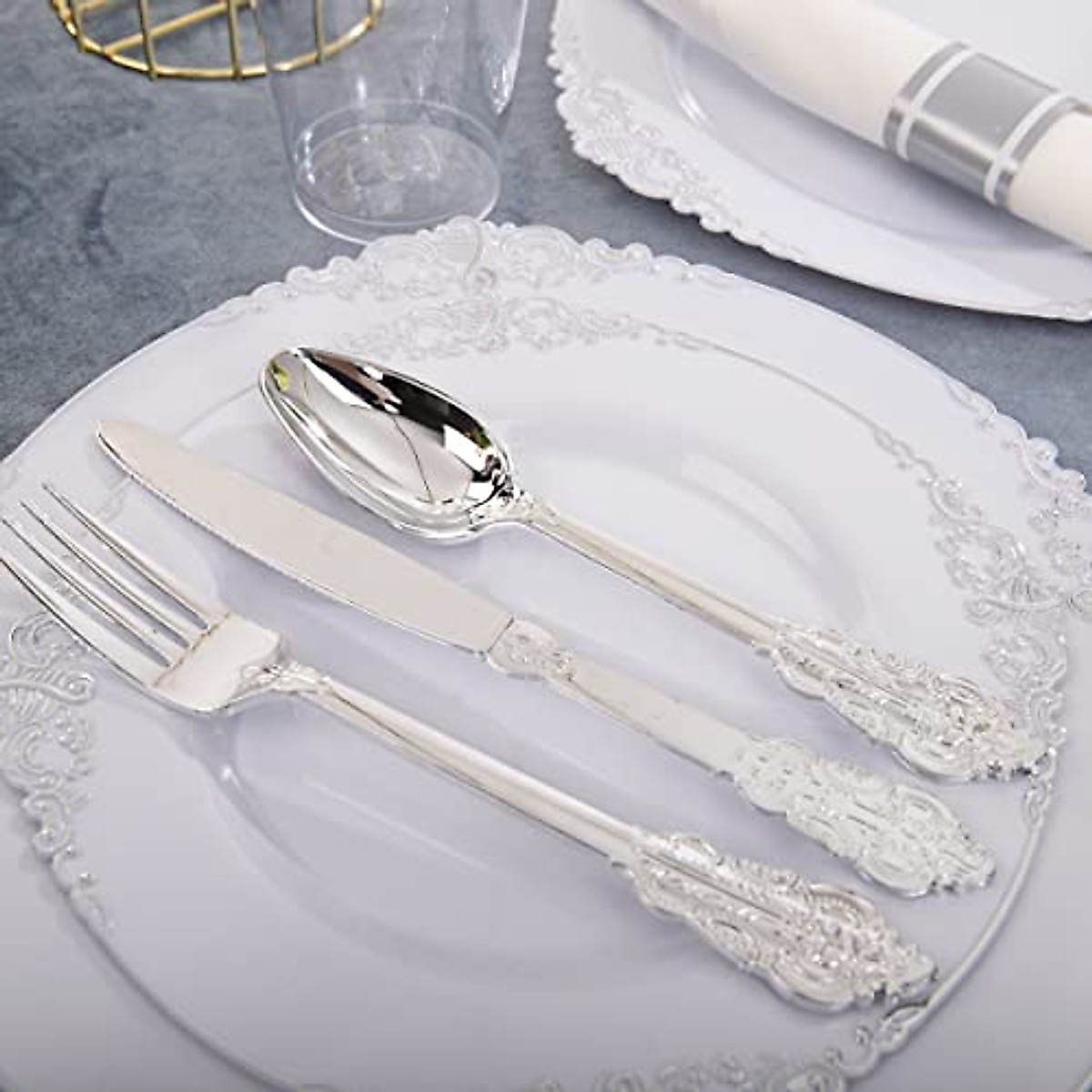 Liacere 350PCS Silver Plastic Plates & Pre Rolled Napkins for 50 Guests, 100 Silver Disposable Plates, 150 Silver Plastic Silverware, 50Cups and 50Napkins for Wedding & Party