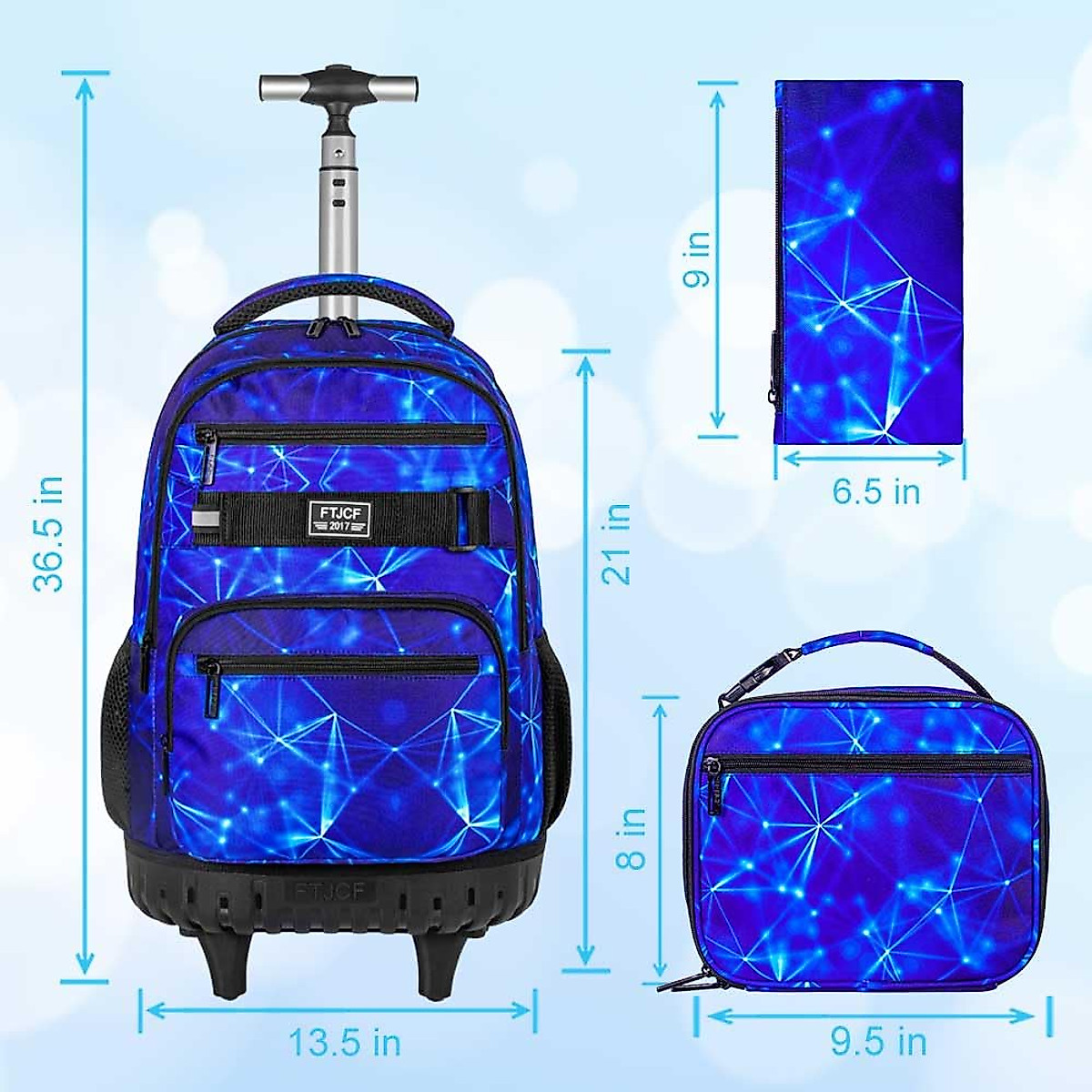 FTJCF 3PCS Rolling Backpack, 19 Inche Roller Bag with Wheels for Adults, Aurora Wheeled Bookbag Set for Men Boys(Blue)