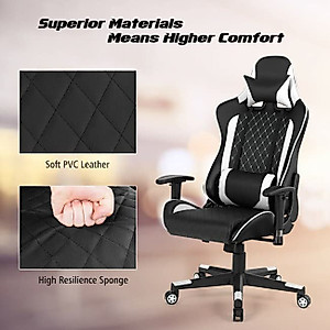 Ergonomic Gamer Desk Chair, High Back PC Computer Home Office Chair with Massage & 90°-180° Adjustable Tilt Back Height Adjustable Swivel PU Leather Executive Racing Computer Desk (Black+ White)