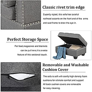 Reversible Modular Sectional Sofa,Longue Chaise,Rivet Ornament L-Shape Corner 5-Seat Couch Upholstered Sofá with Storage Ottoman&2 Cup Holders for Living Room Furniture Sets
