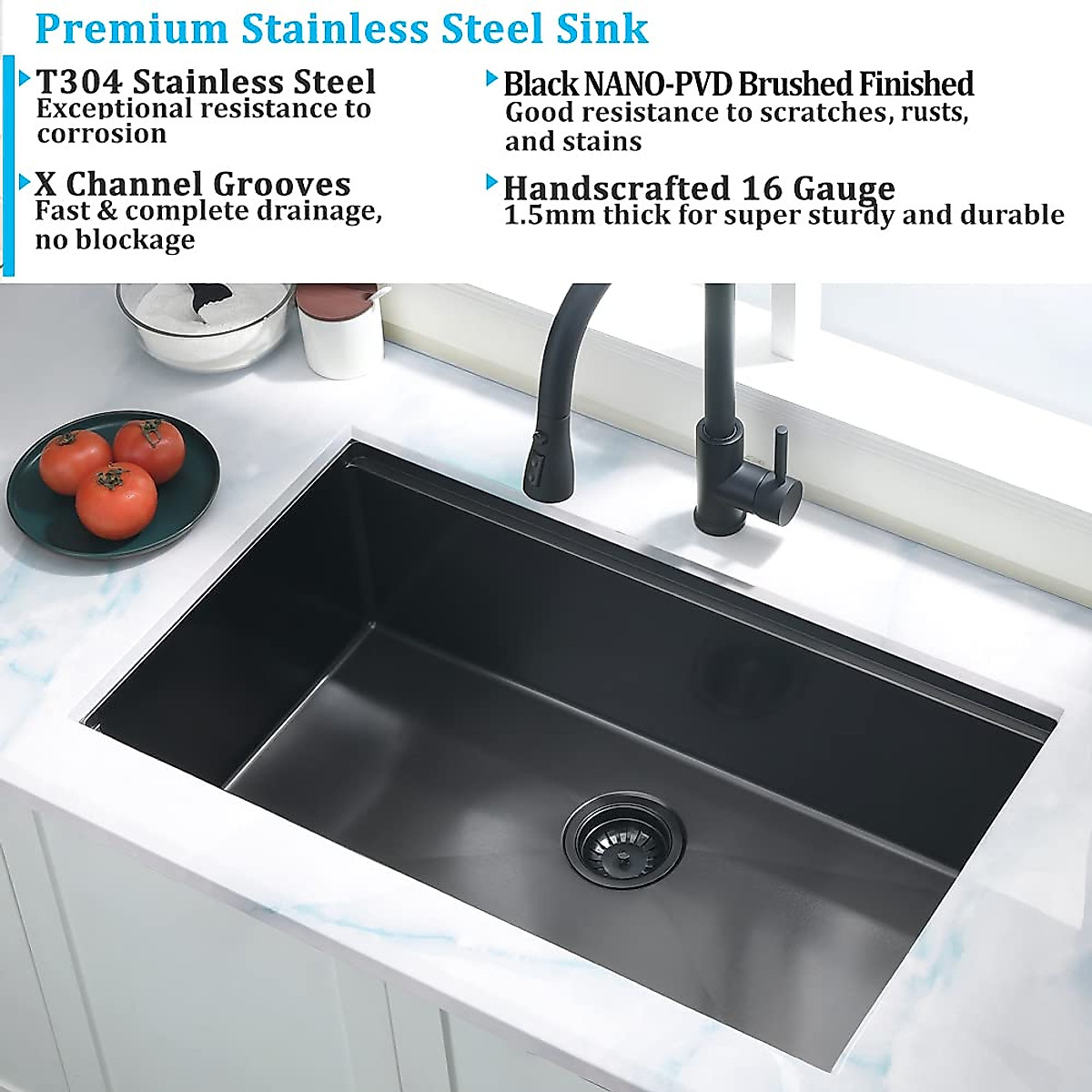 30 Inch Undermount Kitchen Sink Black Stainless Steel, BoomHoze 30 x 19 Inch Undermount Workstation Sink Single Bowl Commercial 16 Gauge Stainless Steel Black Kitchen Sink Deep Kitchen Sink