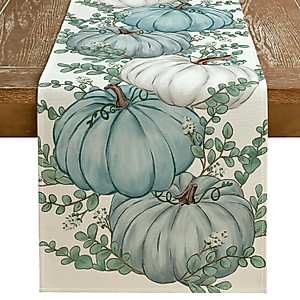 GEEORY Fall Table Runner, 13x72 Inch Pumpkins Eucalyptus Leaves Farmhouse Decor Table Decoration for Kitchen Dinning, Indoor Outdoor Dinner Party (Blue Pumpkins) GT110-72