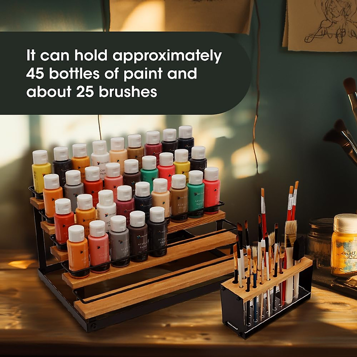 J JACKCUBE DESIGN Craft Paint & Brush Organizer 5 Tier Storage Rack, Holds 50 Citadel, Vallejo Paint Bottles and 17 Paint Brushes Tools Holder (Black) -MK1031A