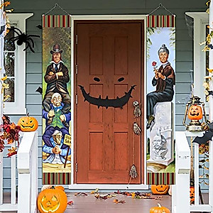Haunted Mansion Stretching Portraits Outdoor Vinyl Halloween Decoration, 2pcs Haunted Mansion Porch Sign Banner Halloween Vintage Horror Poster for Home Wall Decor Art Photo Hanging Banner