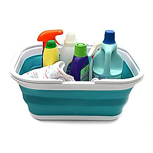 SAMMART 15.5L (4.1 Gallon) Collapsible Tub with Handle - Portable Outdoor Picnic Basket/Crater - Foldable Shopping Bag - Space Saving Storage Container (Bright Blue)