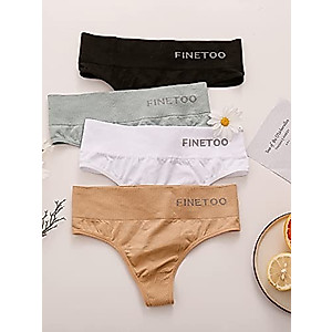 FINETOO 4 Pack High Waist Thongs for Women Breathable Underwear Soft Stretchy Nylon Spandex No Side Seam Panties(M)