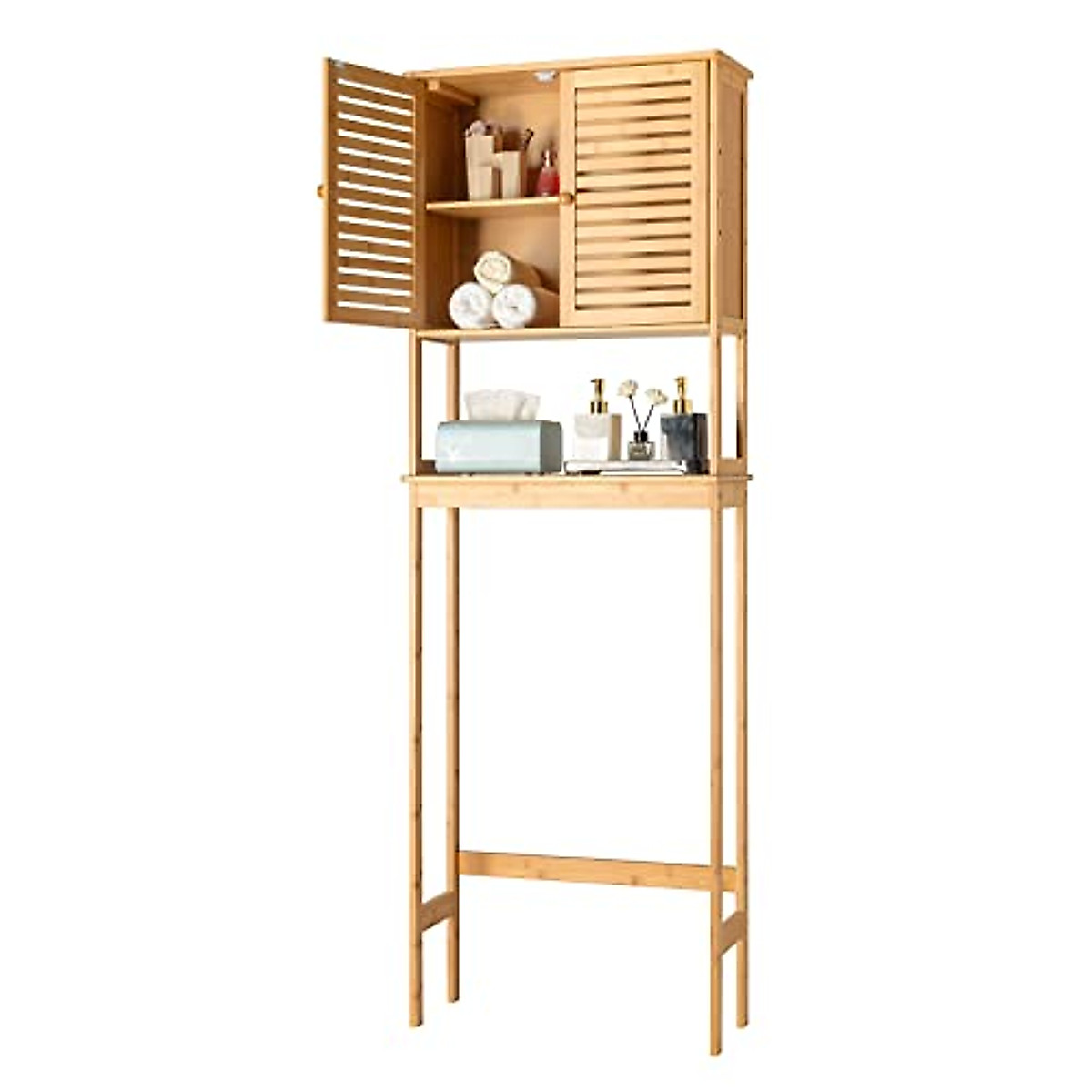 Vasitelan Over The Toilet Storage Cabinet, Bathroom Organizer with Adjustable Inside Shelf and Bottom Stabilizer Bar, Space-Saving Toilet Rack (Wood Color)